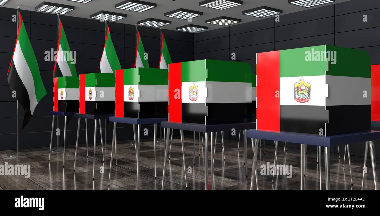 United Arab Emirates - polling station and voting booths with coat of ...