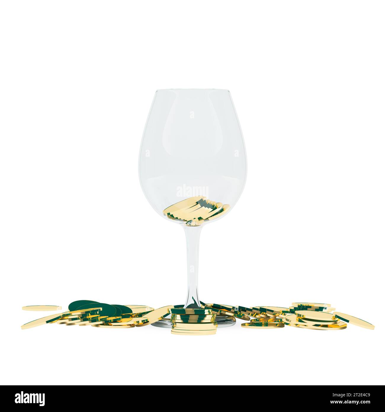 Wine glass with gold coins inside and outside, isolated on a white ...