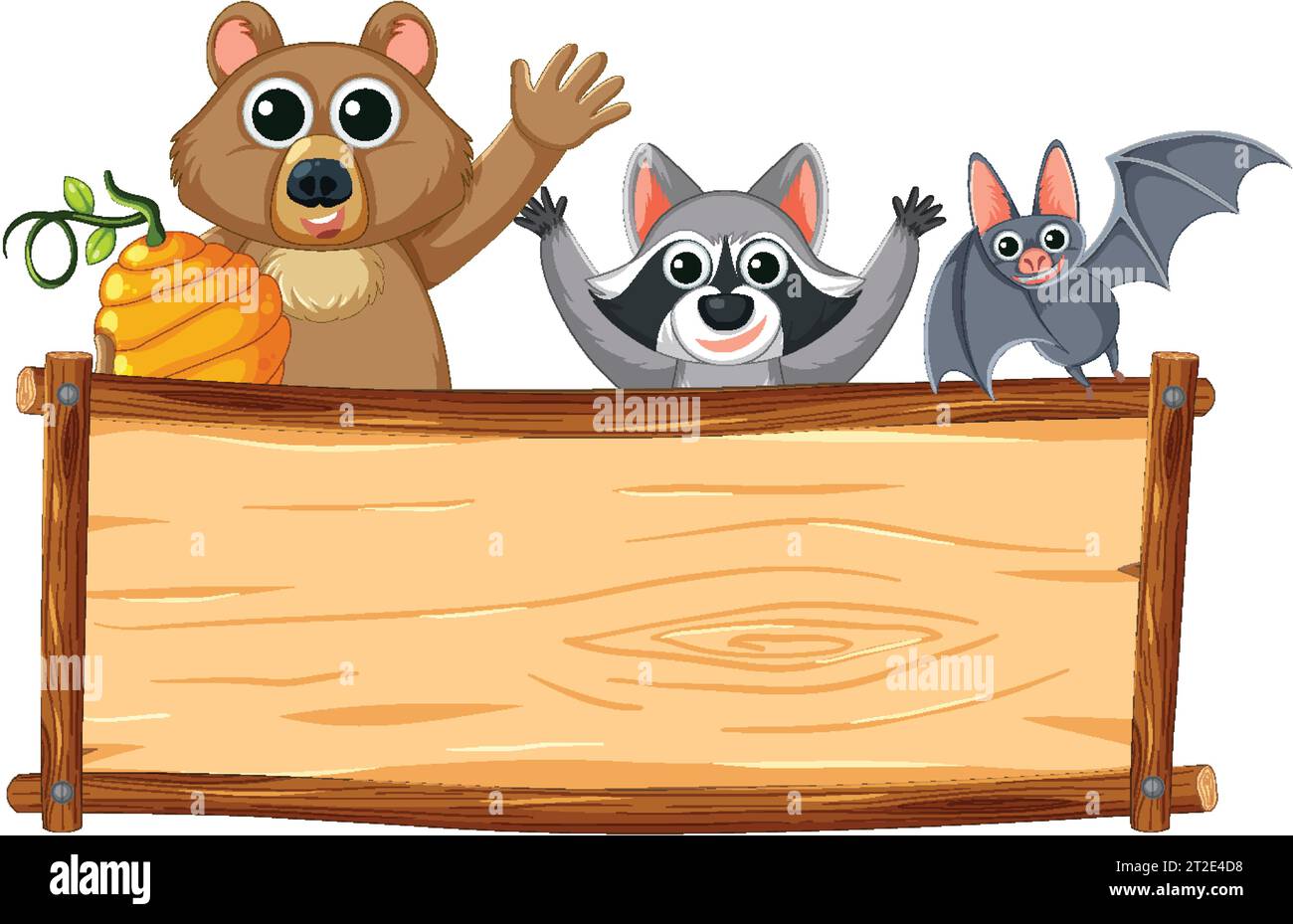 Vector cartoon illustration of bear, bat, and raccoon standing behind a ...