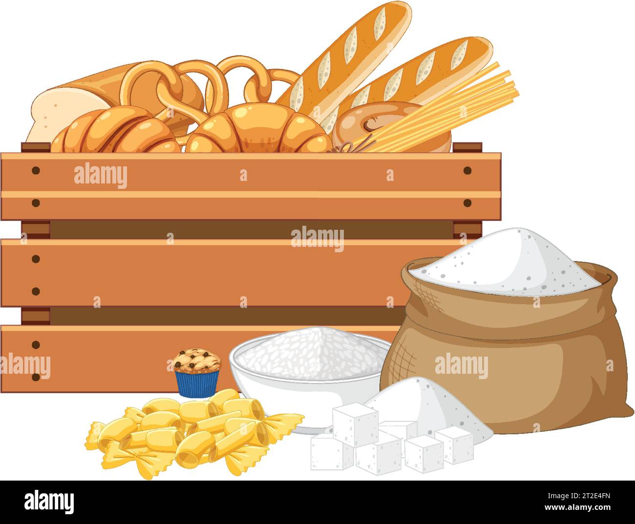 Delicious bakery items displayed on a rustic wooden crate Stock Vector ...