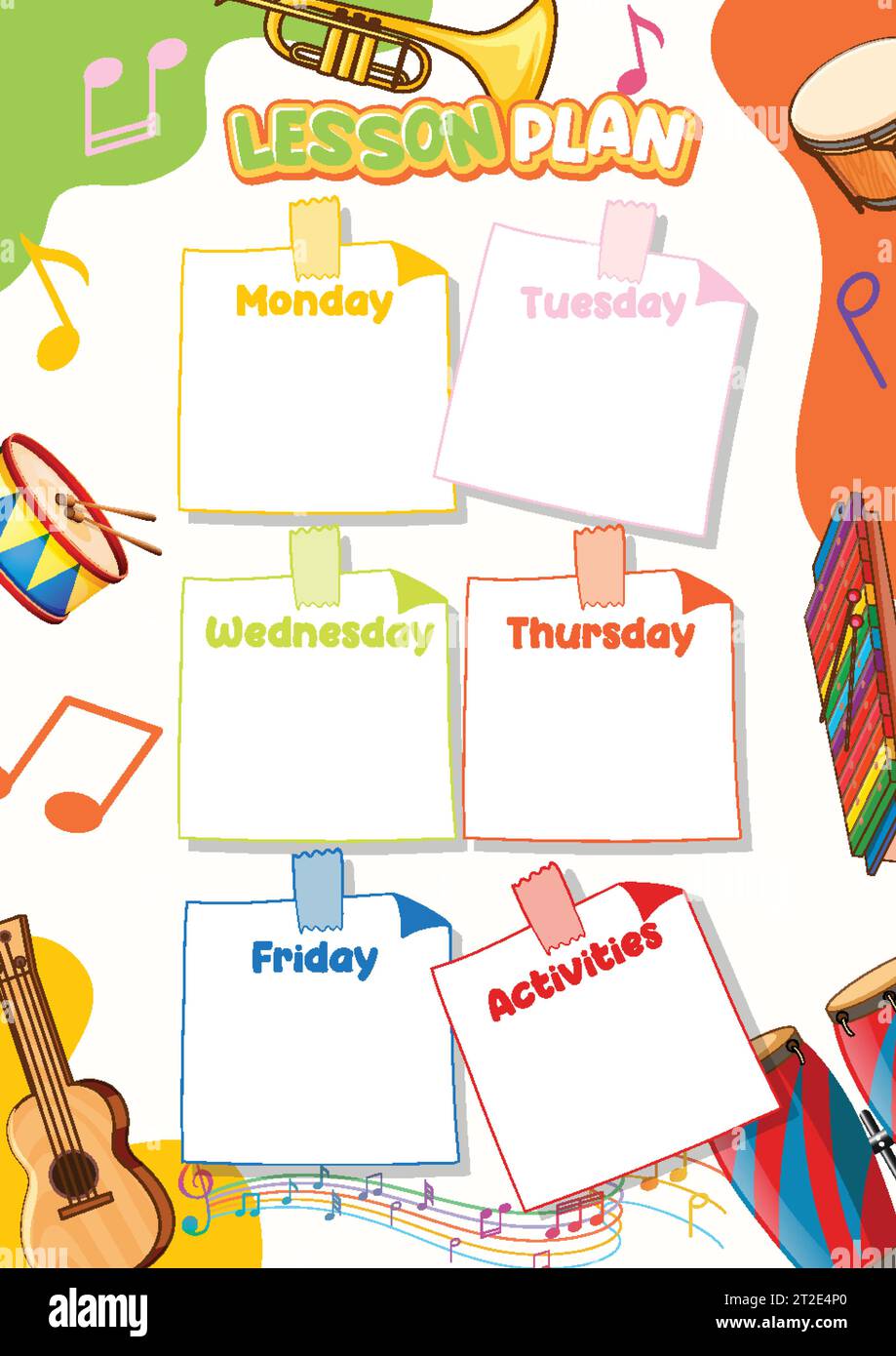 A vector cartoon illustration of a weekly lesson plan with notes ...