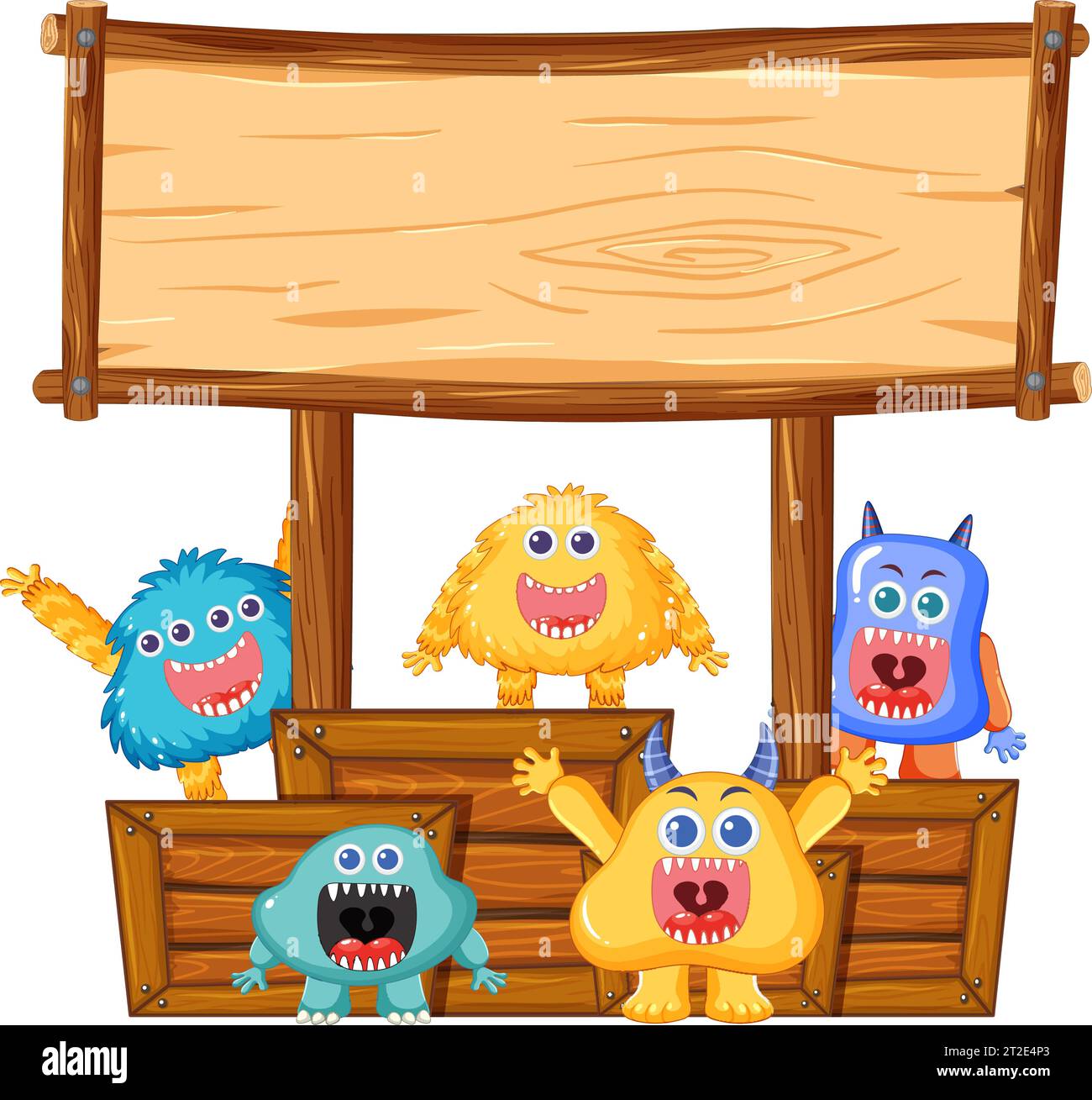 Playful cartoon alien monsters with a wooden frame template banner ...