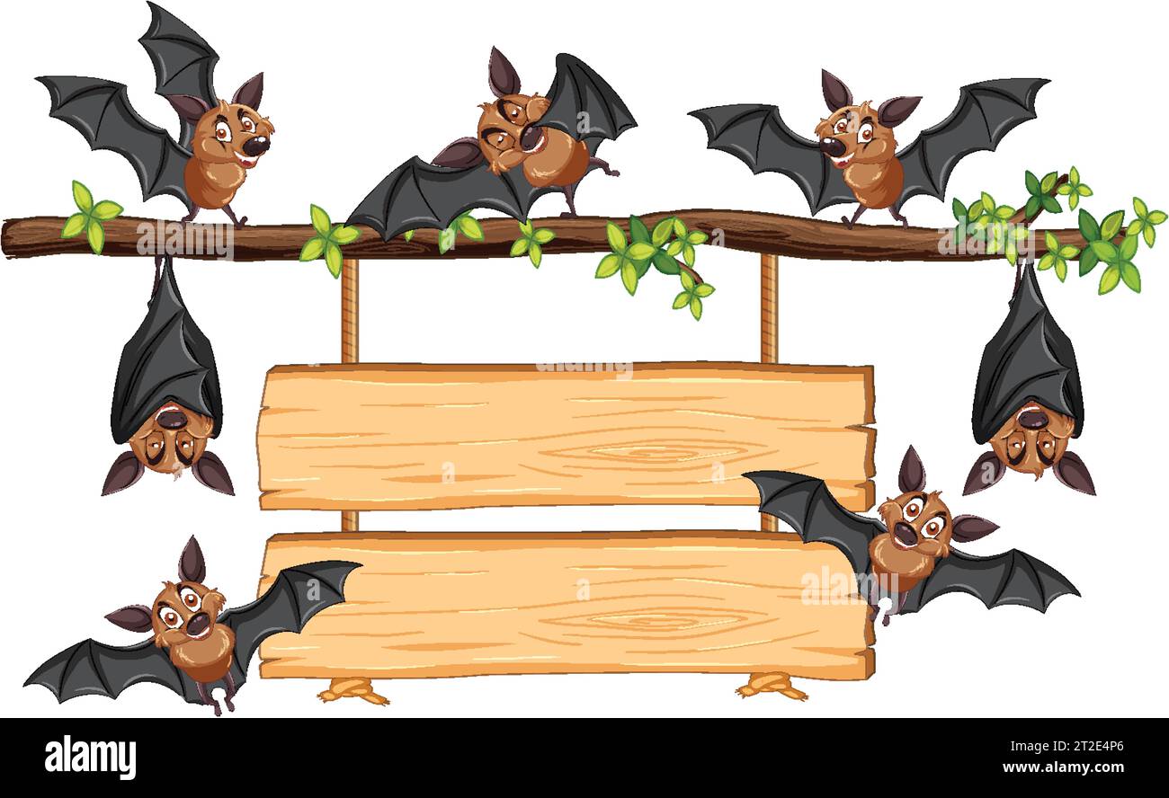 Vector cartoon illustration of bats hanging and frying at a wooden ...