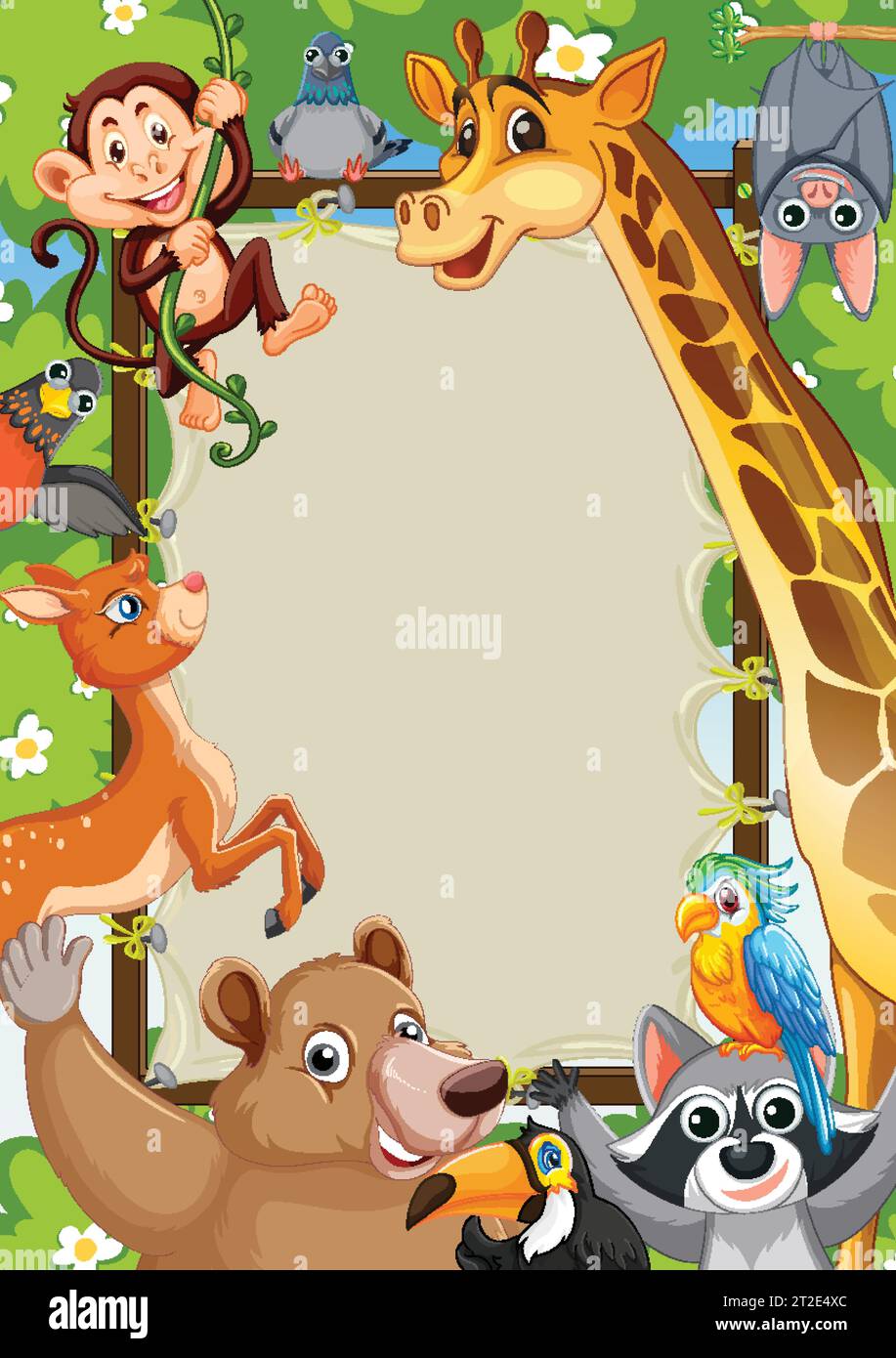 A lively border with bush showcasing a variety of zoo animals in a ...