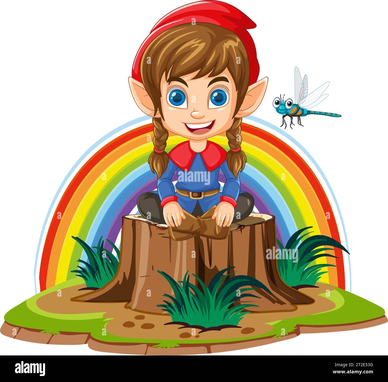 Dwarf cartoon sitting on three stump in fantasy world illustration ...
