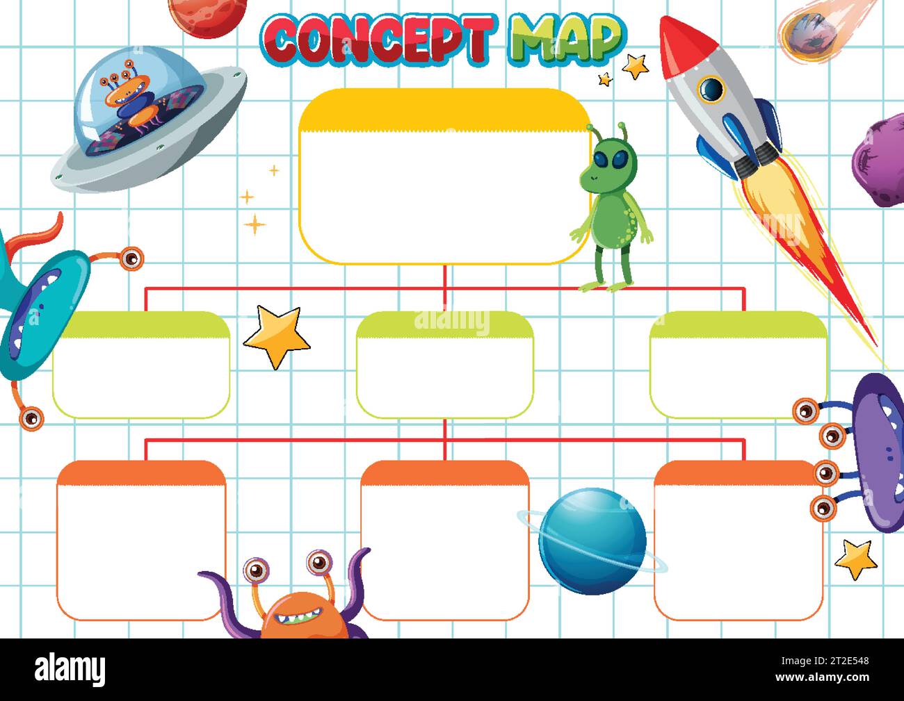 Colorful vector illustration of a student concept map with an alien ...