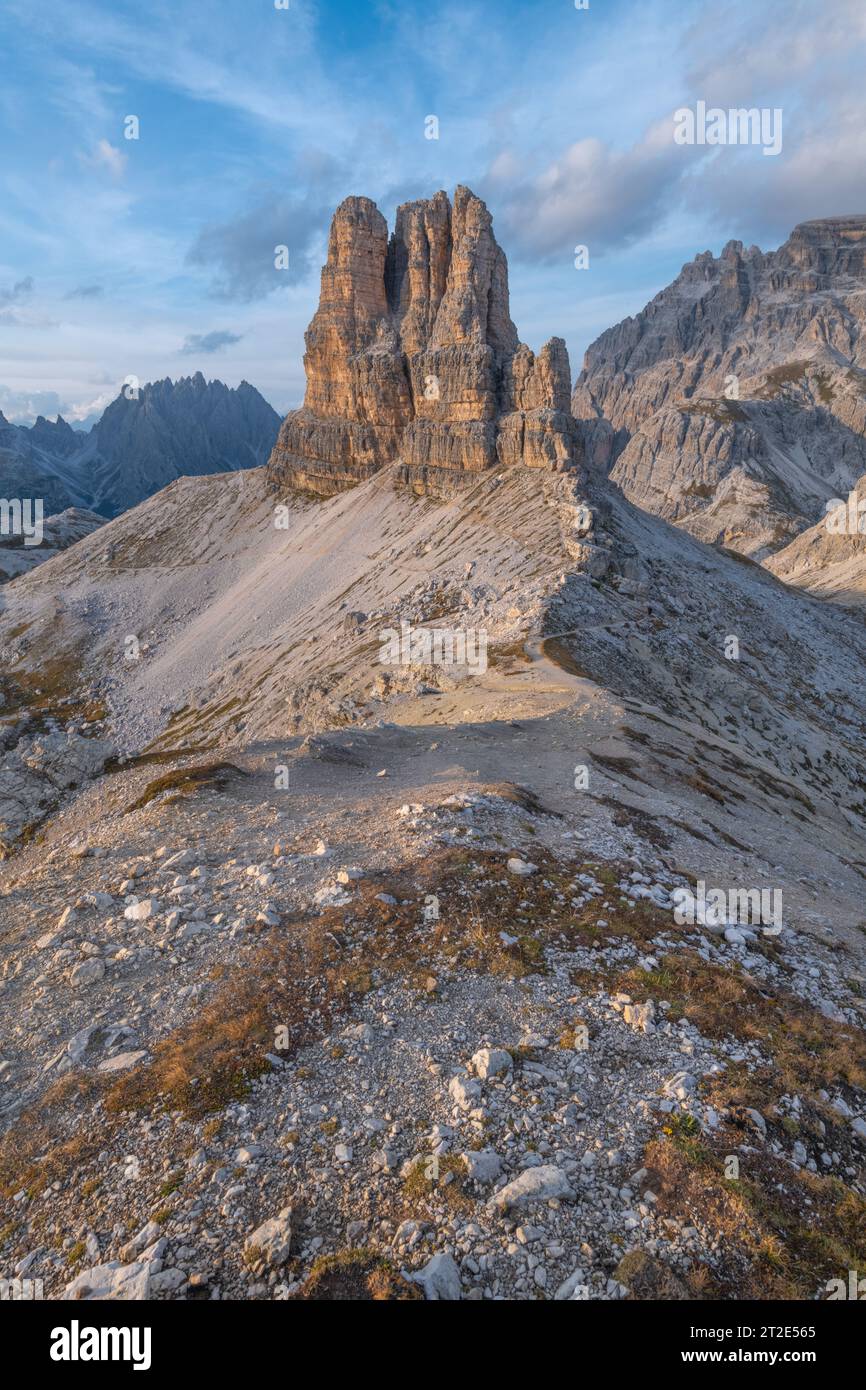 Sunset with pastel colored sky at Toblin Tower in the Italian Dolomites ...