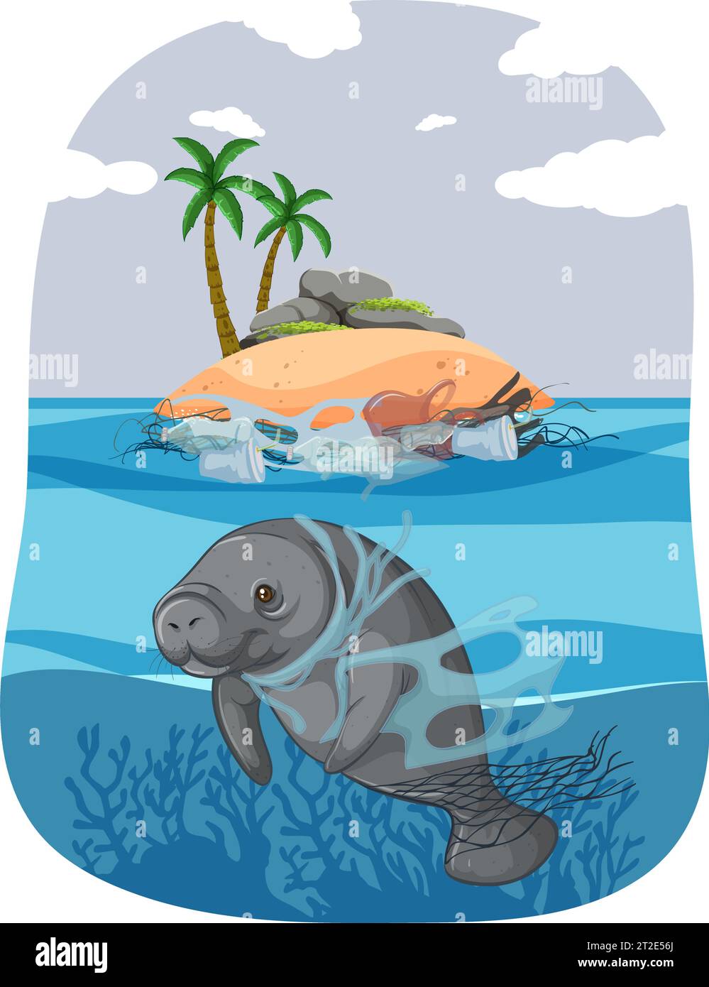 Illustration of a cartoon dugong expressing sadness in a sea polluted ...