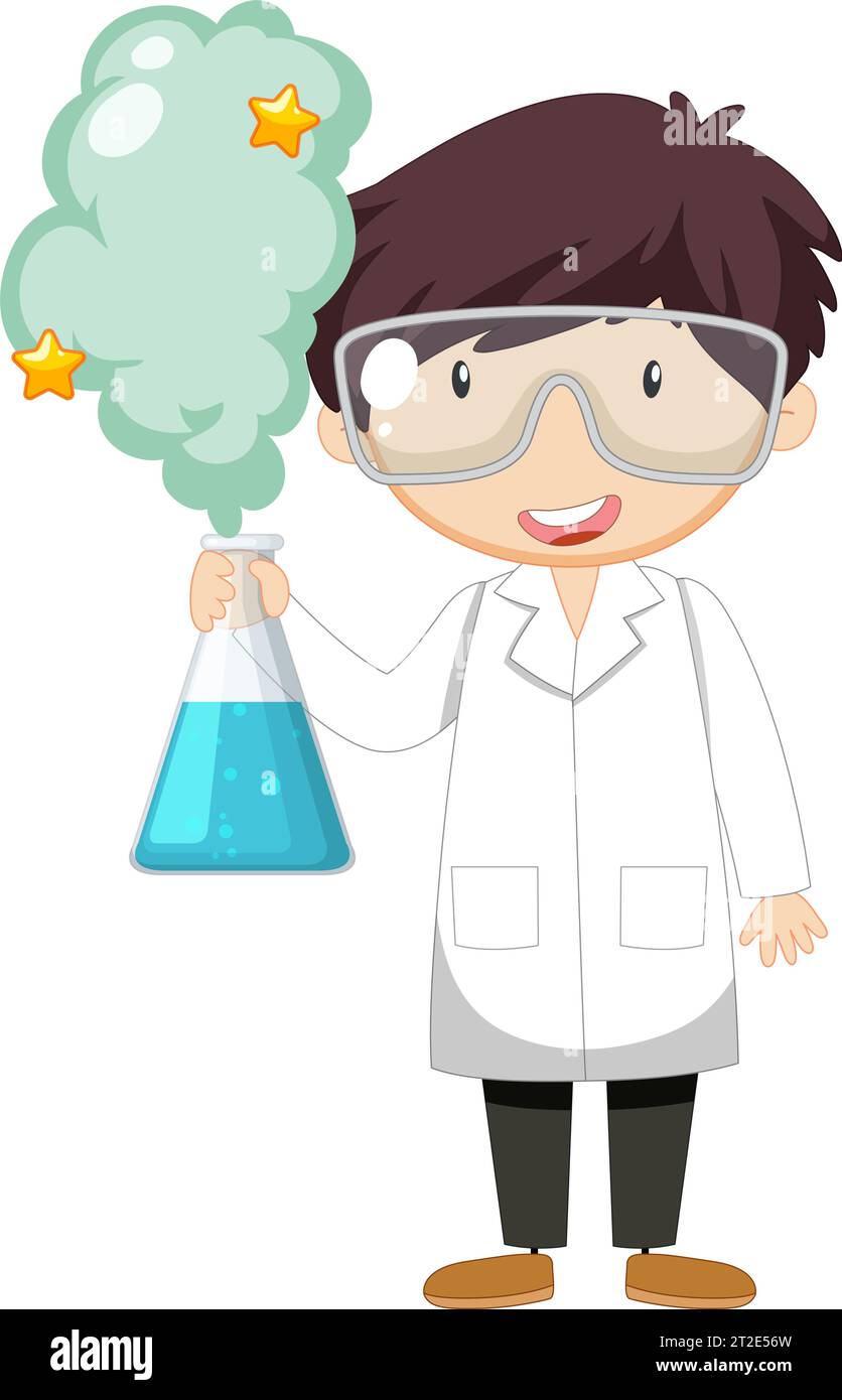 A charming male scientist in a gown and goggles, holding a flask in a ...