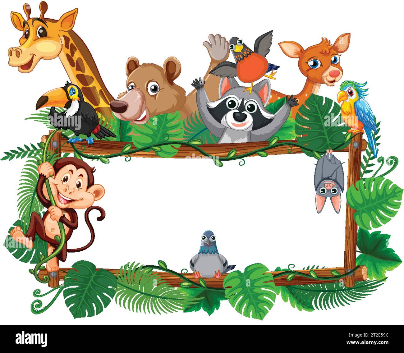 Vector cartoon illustration of zoo animals surrounded by tropical ...