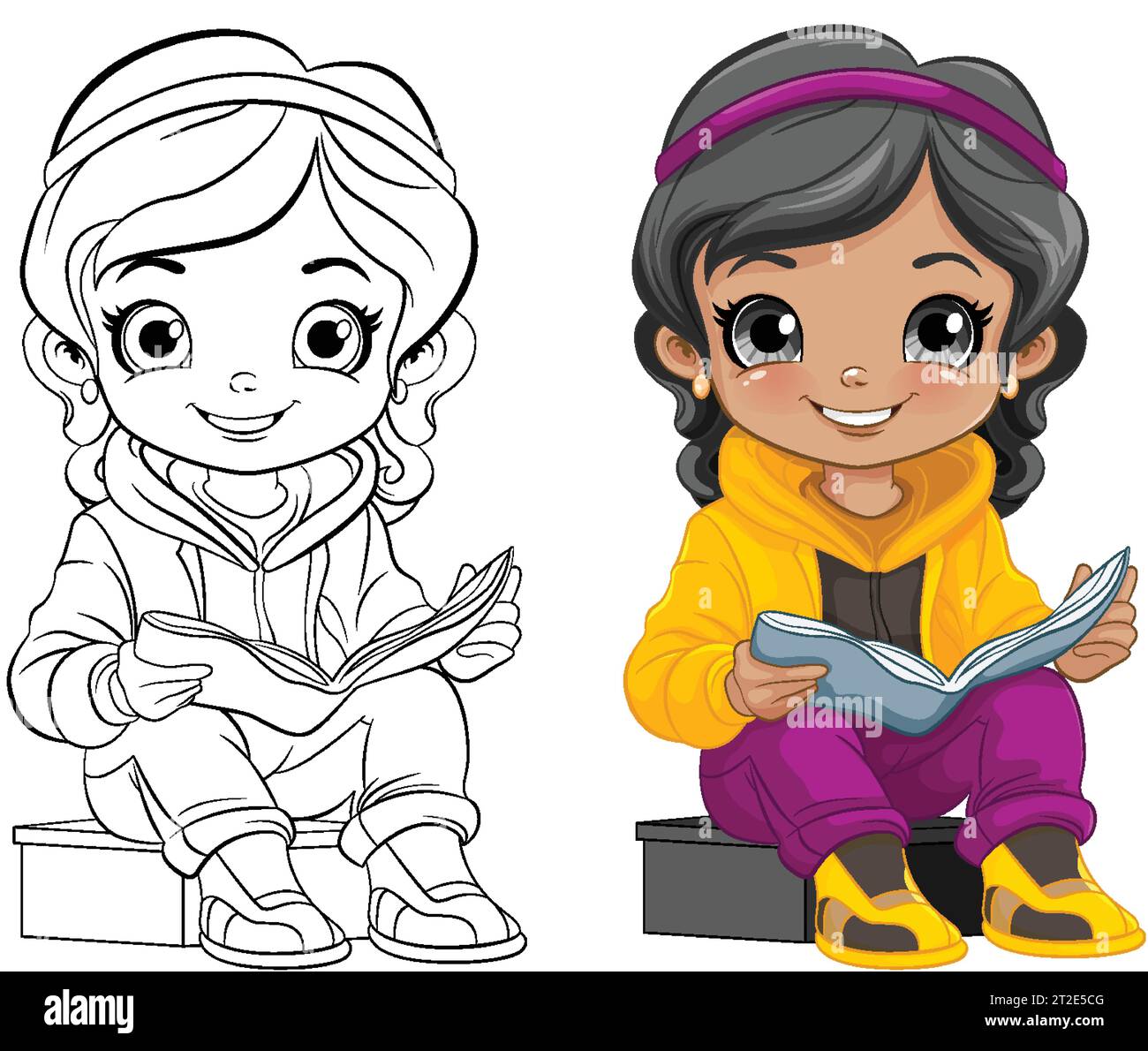 Girl cartoon reading book isolated and its doodle outline illustration ...