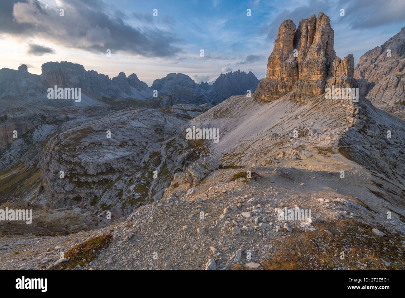 Sunset with pastel colored sky at Toblin Tower in the Italian Dolomites ...