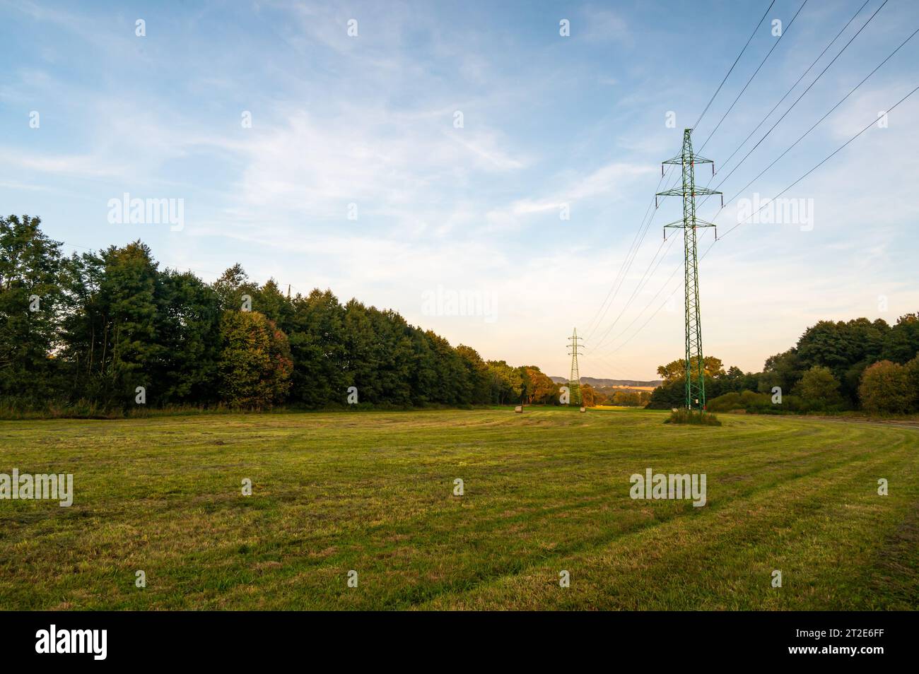 High voltage power line on agriculture land at meadow Stock Photo - Alamy