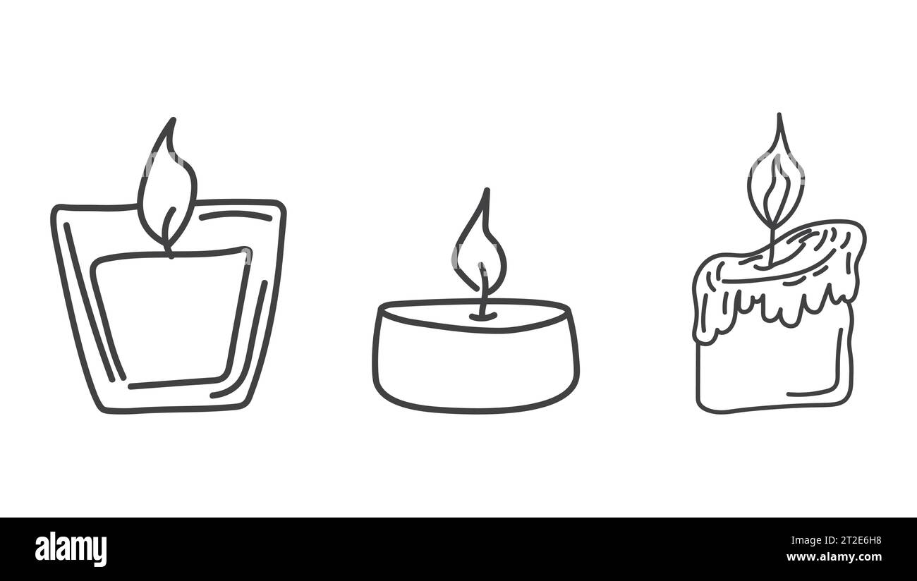 Hand drawn set of candles. Doodle candles. Burning aroma candles in ...