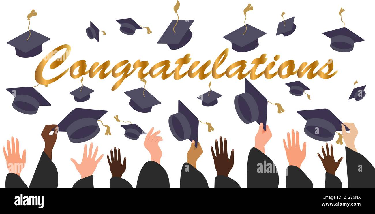 Graduating students of pupil hands in gown throwing graduation caps in ...