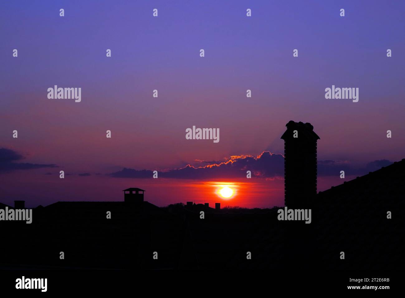 Sunset sky over Odessa, city landscape. Dark, clear silhouettes of ...