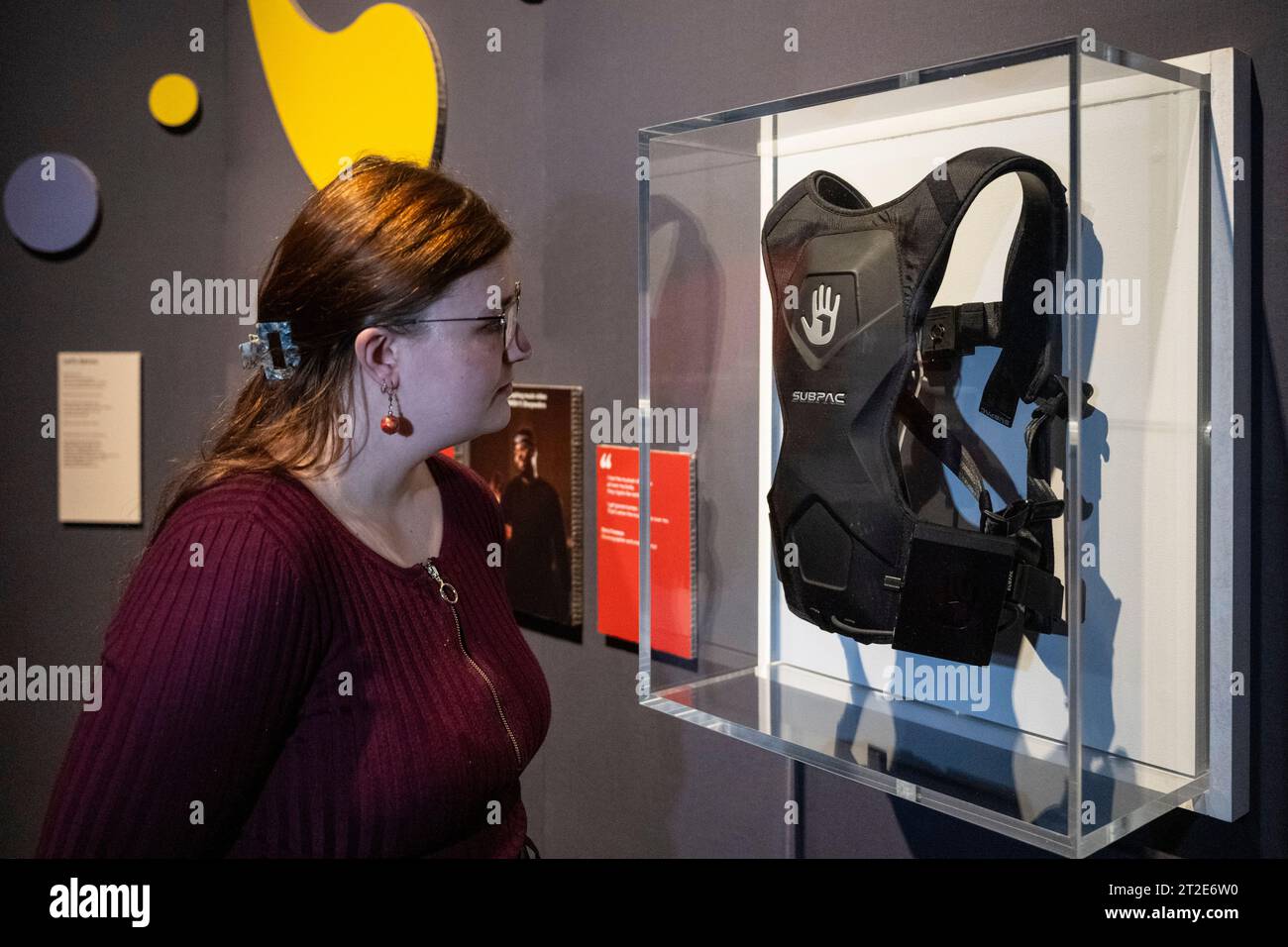 London, UK. 19 October 2023. A staff member views the Subpac vibrating ...