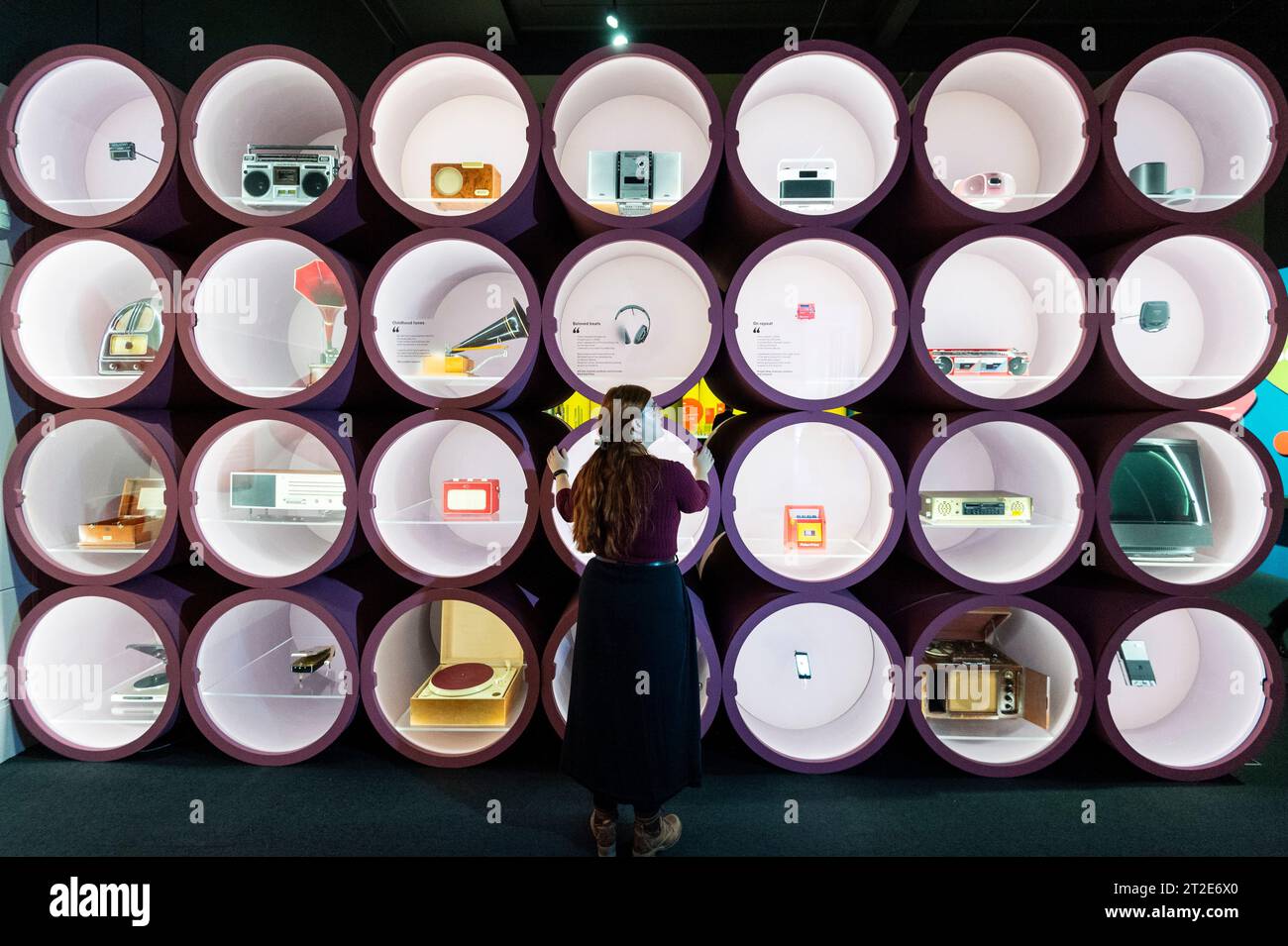 London, UK. 19 October 2023. A staff member views a display of audio ...