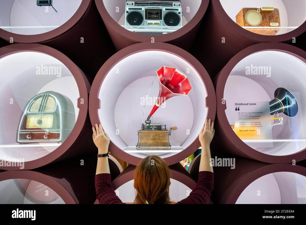 London, UK. 19 October 2023. A staff member views a display of audio ...