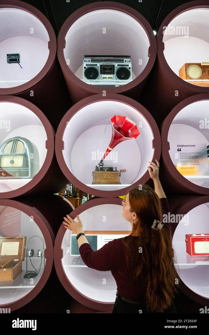 London, UK. 19 October 2023. A staff member views a display of audio ...