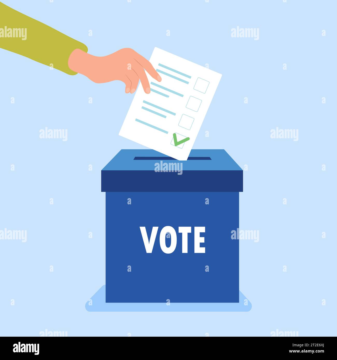 Hand puts vote bulletin into vote box. Election concept. Flat design ...