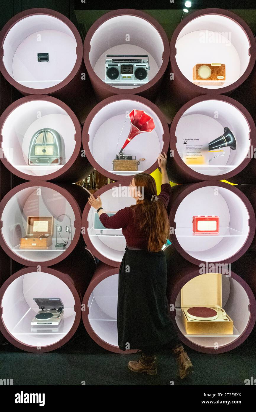 London, UK. 19 October 2023. A staff member views a display of audio ...