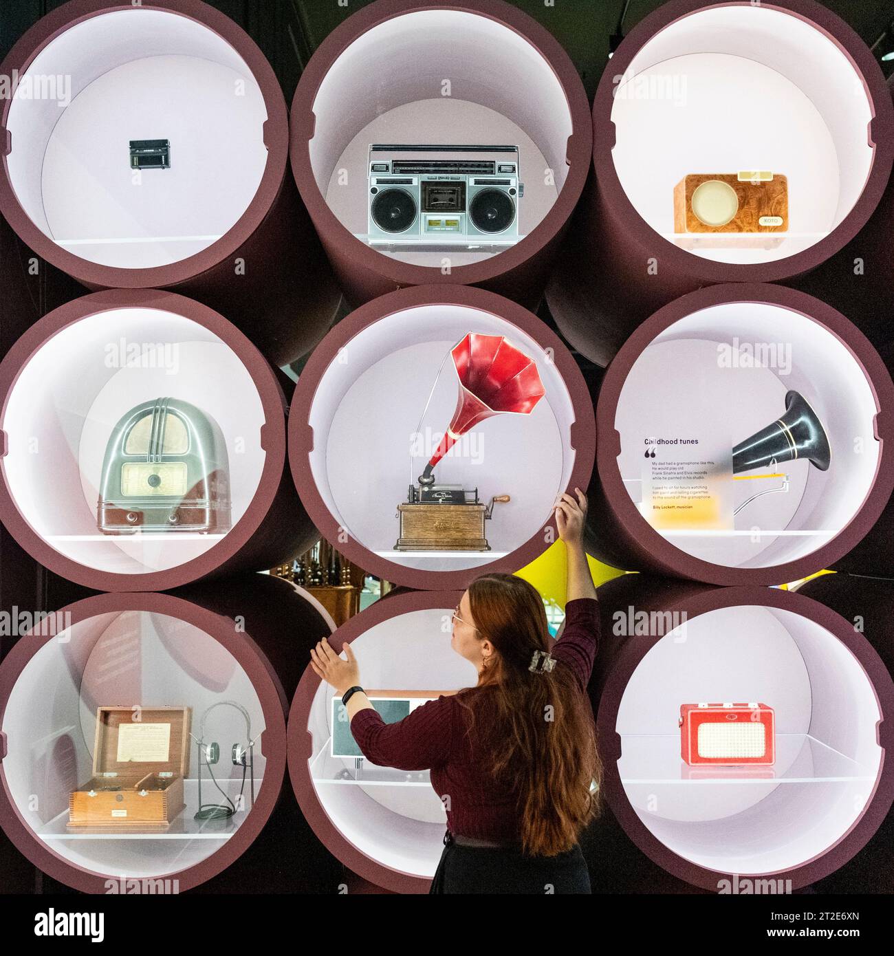 London, UK. 19 October 2023. A staff member views a display of audio ...