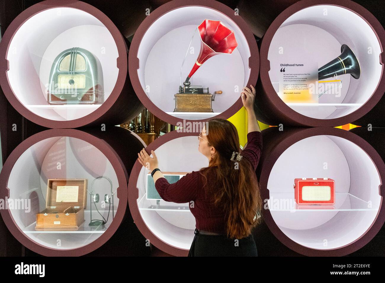 London, UK. 19 October 2023. A staff member views a display of audio ...