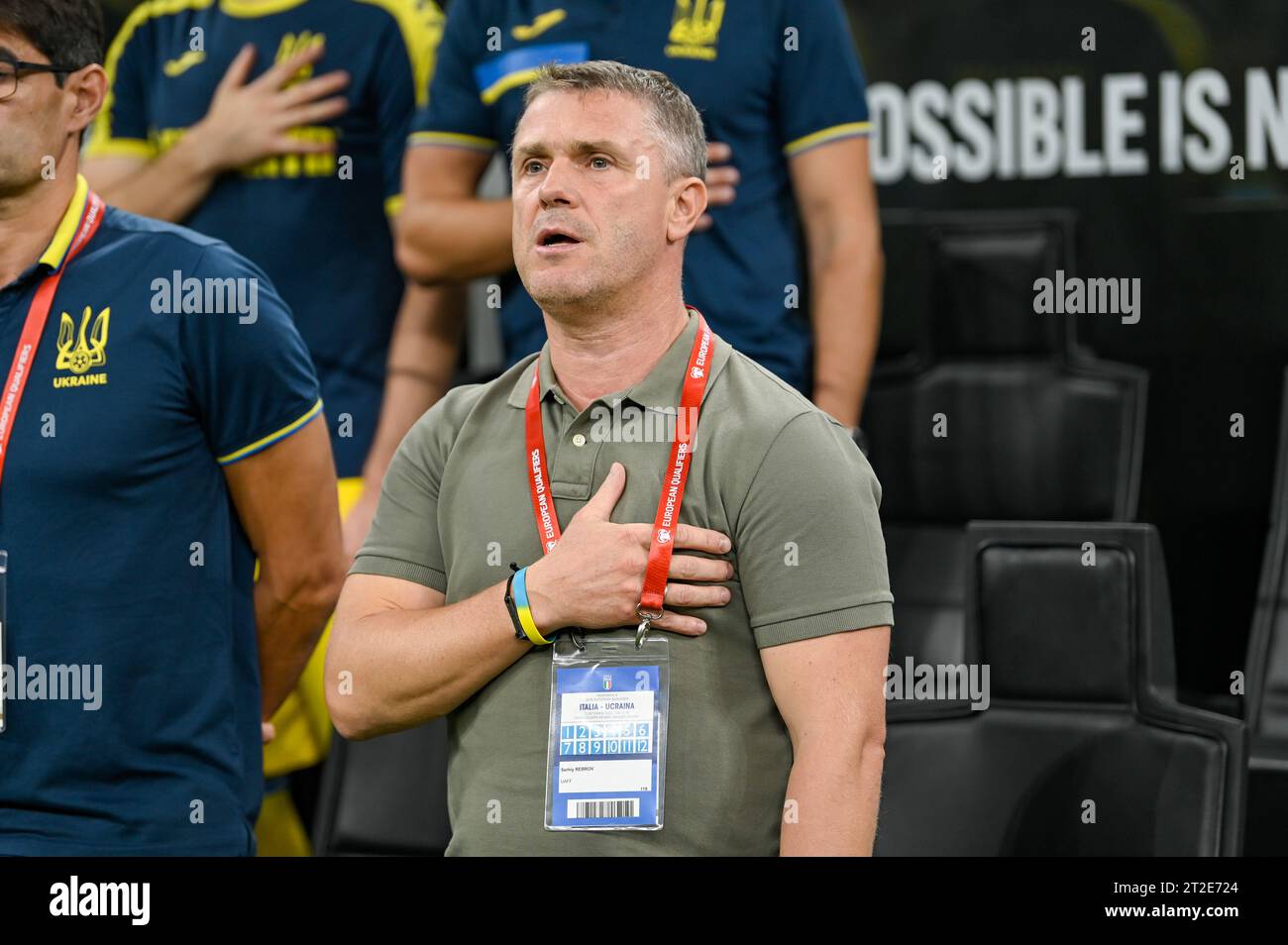 Ukraineâ€™s Head Coach Serhij Rebrov lined up for the national anthems ...