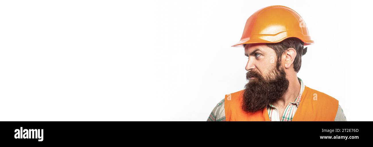 Bearded man worker with beard in building helmet or hard hat. Builder ...