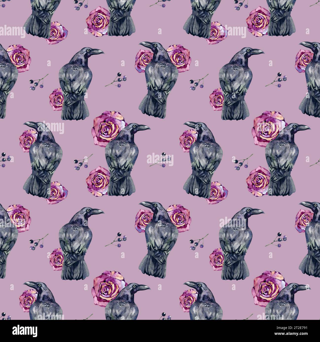 Raven birds in red roses. Halloween gothic seamless pattern with creepy ...