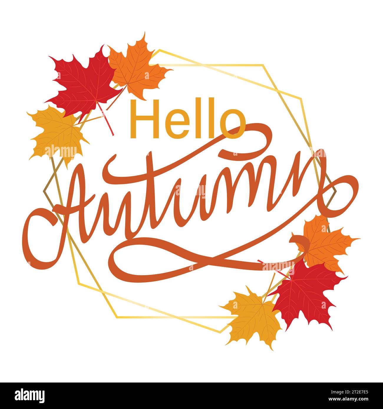Hello Autumn greeting card with bright autumn leaves, golden circles ...