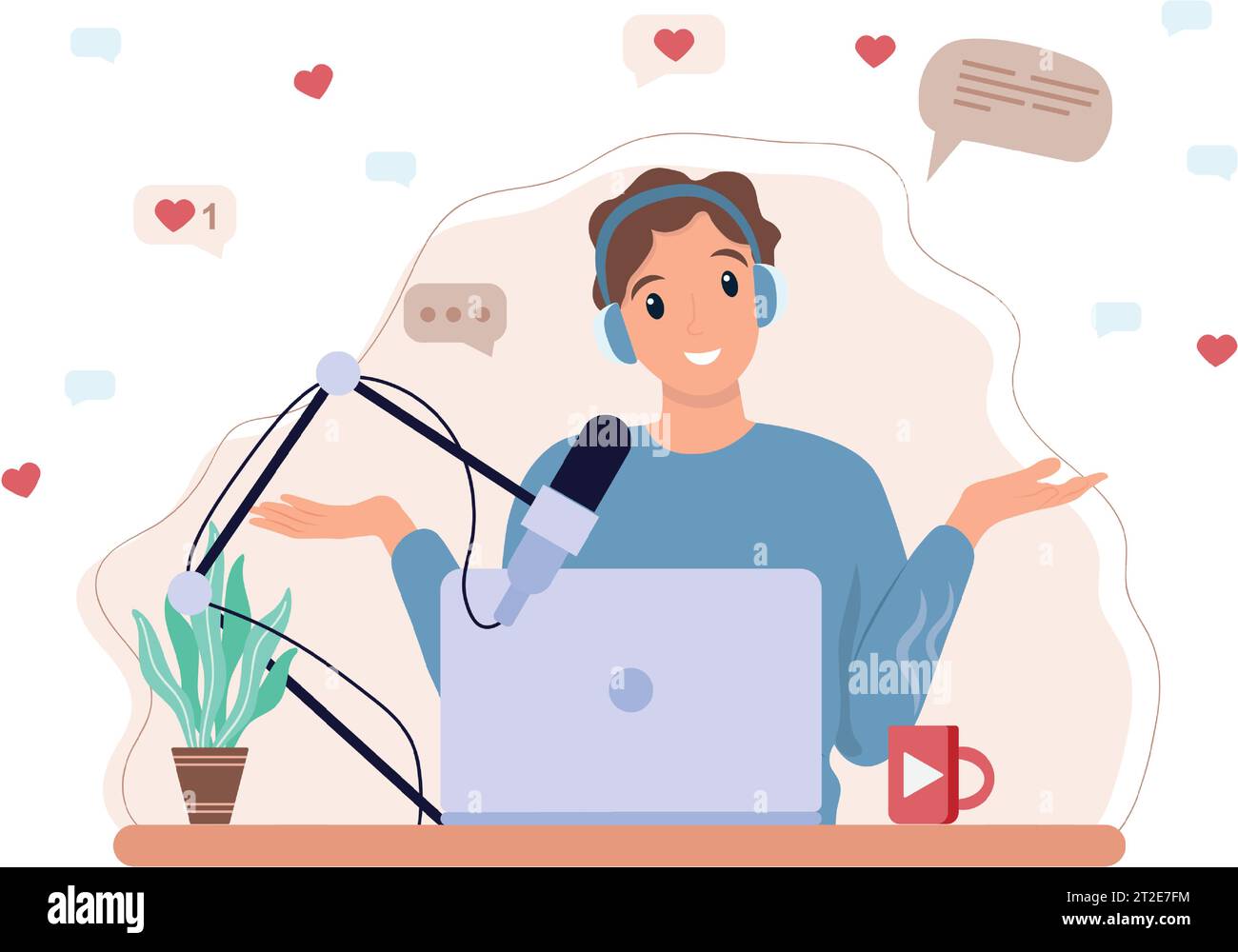 Man recording podcast. Podcast concept in flat style. Podcaster talking ...