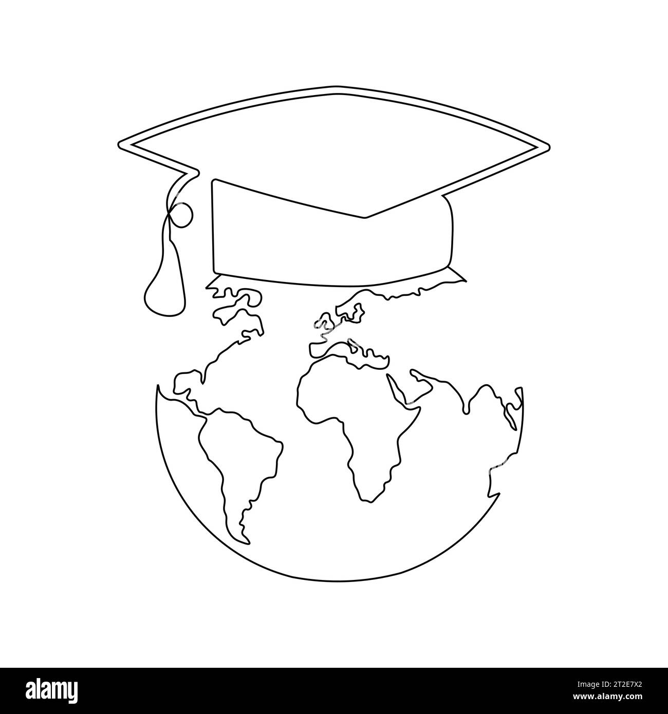 One continuous line drawing of Earth globe with graduation hat.World ...