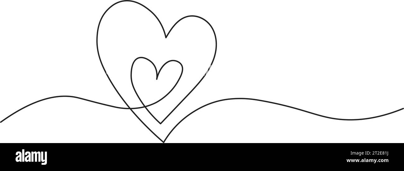 One Continuous line drawing of two hearts. Romantic symbols in simple ...