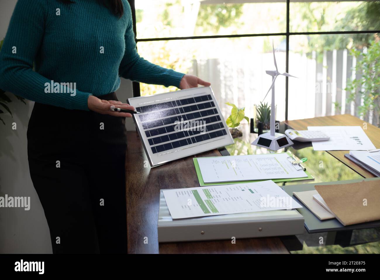 A sales representative presenting solar and wind power, alternative ...