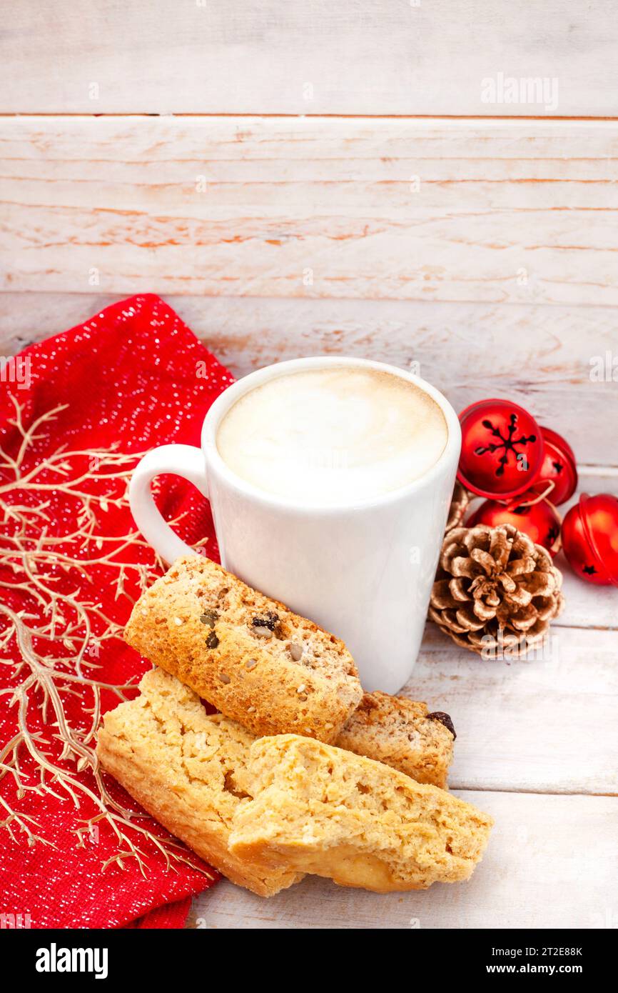 Traditional South African rusks with coffee on rustic wooden Christmas ...