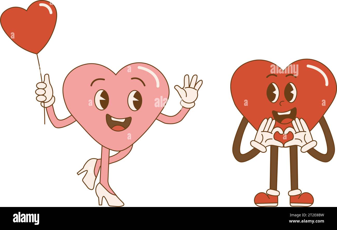 Retro style Valentine's day. Groovy retro hearts. Hippie happy heart in ...