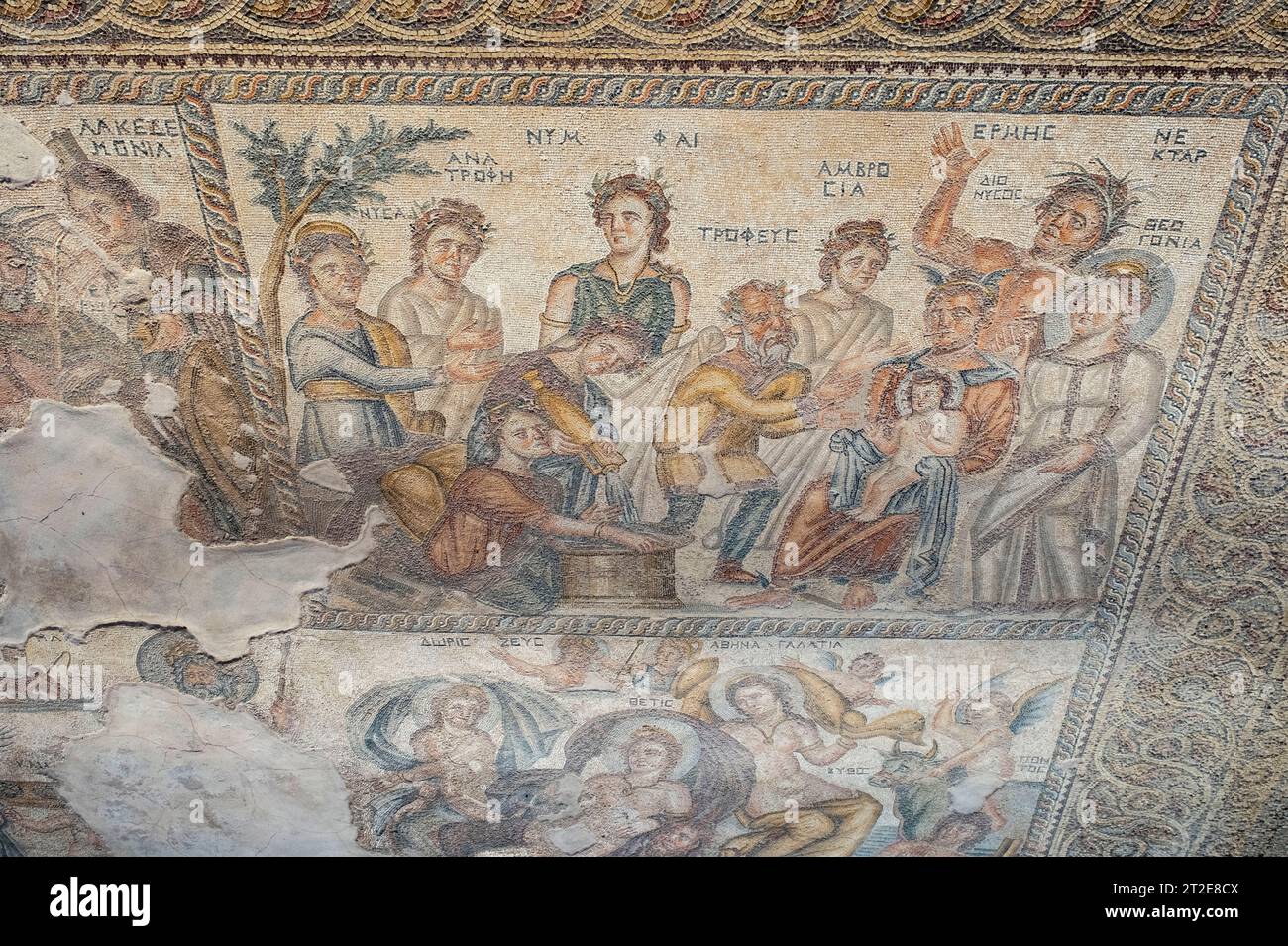 Mosaic depicting the first bathing of the god of winemaking Dionysus in ...