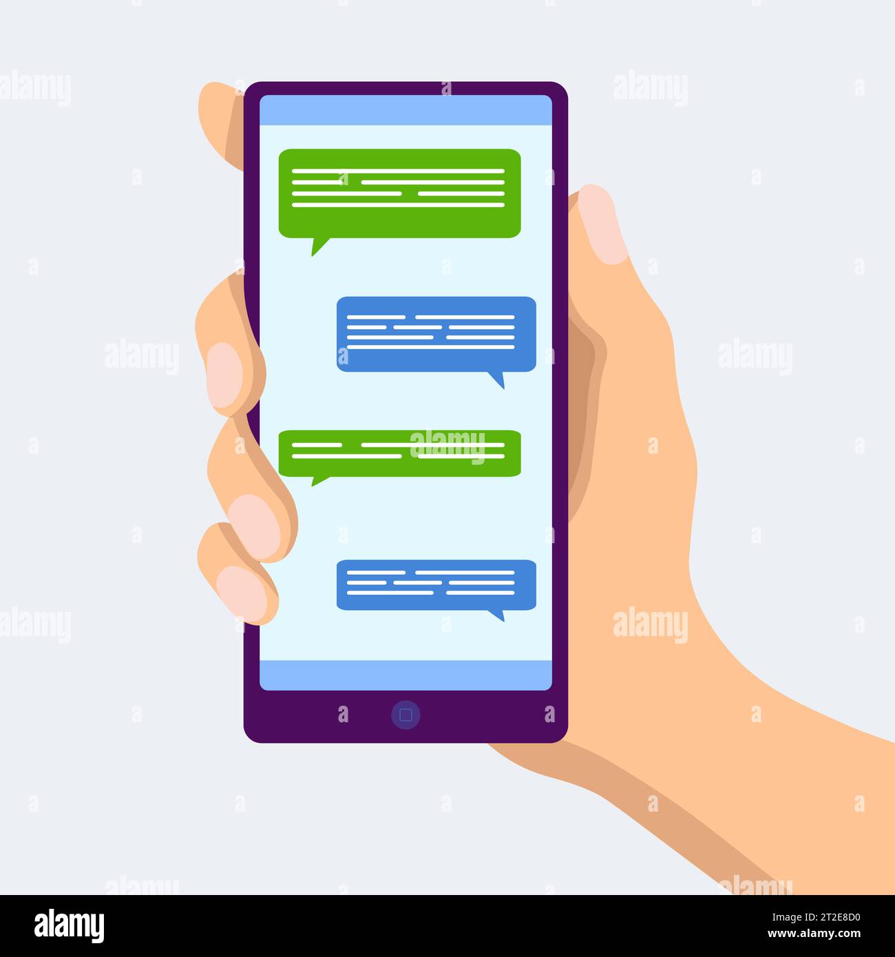 Male hand holding smartphone with message chart on screen vector flat ...