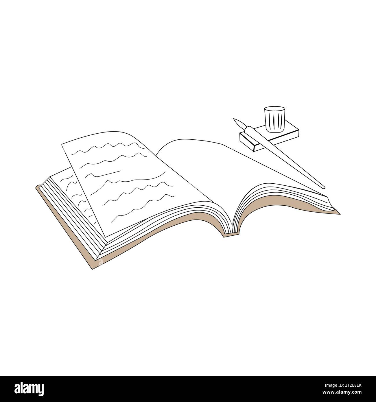 One line drawing of notebook, ink and quill pen on the desk.Line ...