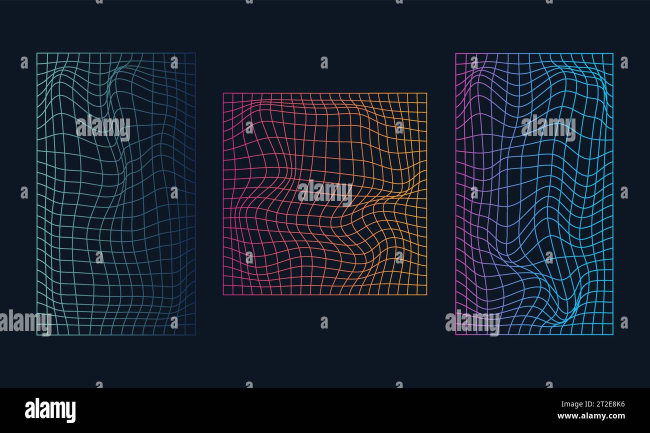 Set of distorted holographic pearly neon mesh.Retrowave, synthwave ...