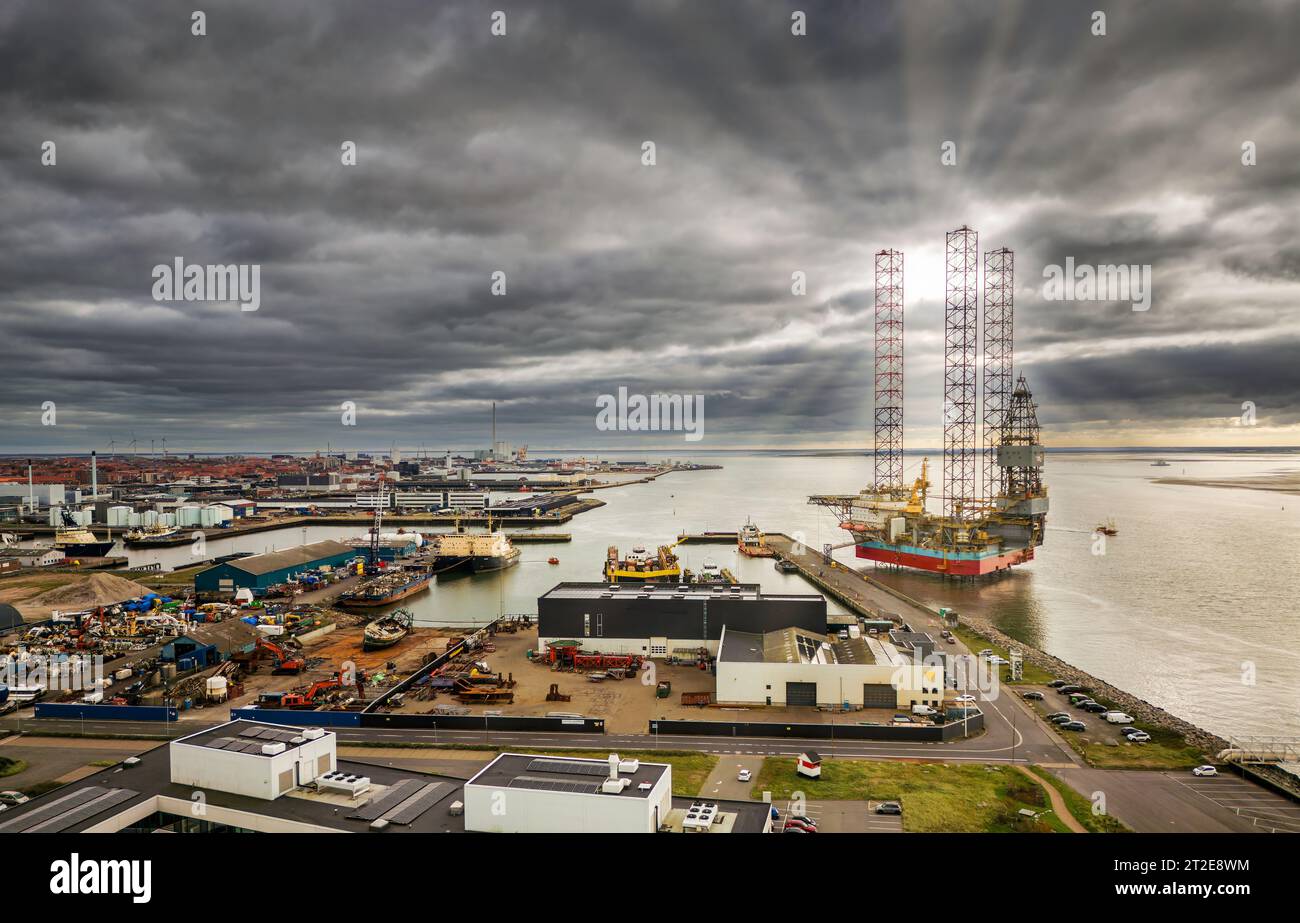 Oil rigs in Esbjerg harbor at the North Sea, Denmark Stock Photo - Alamy