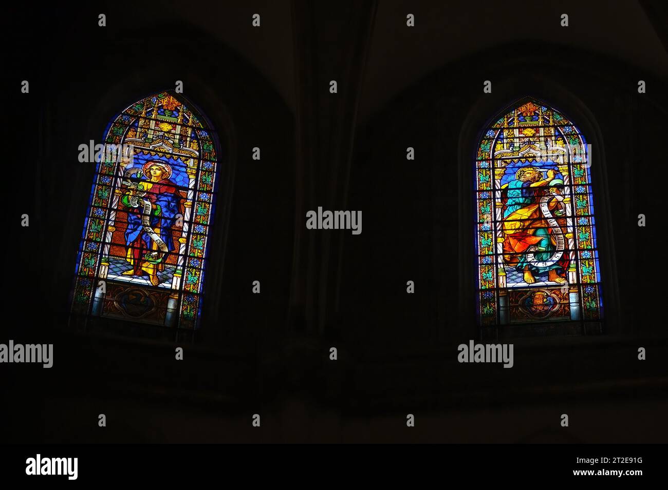 Murcia, Spain, Backlit scene of two stained glass skylight windows ...