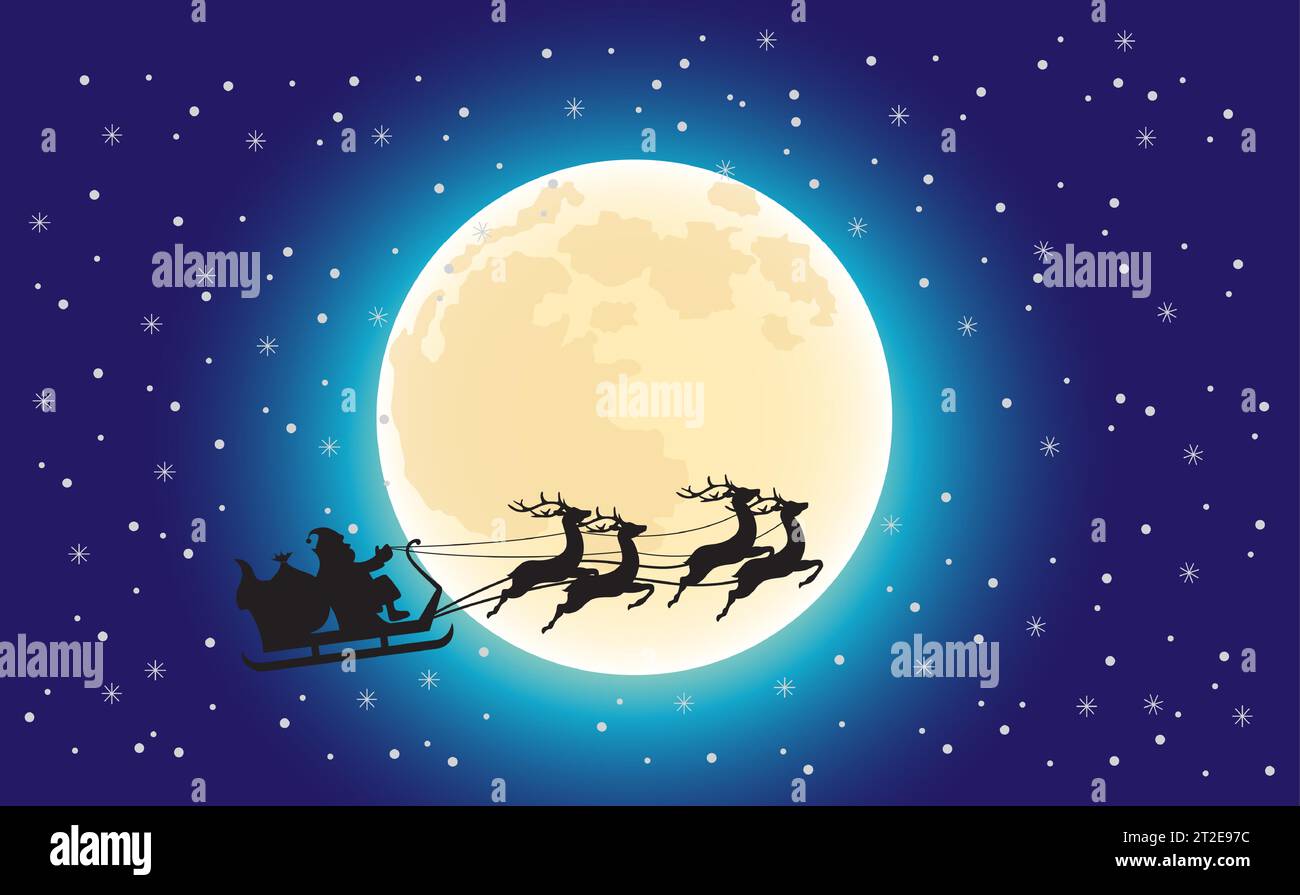 Santa Claus flying on a sleigh with reindeers night sky over full moon background. Christmas ...