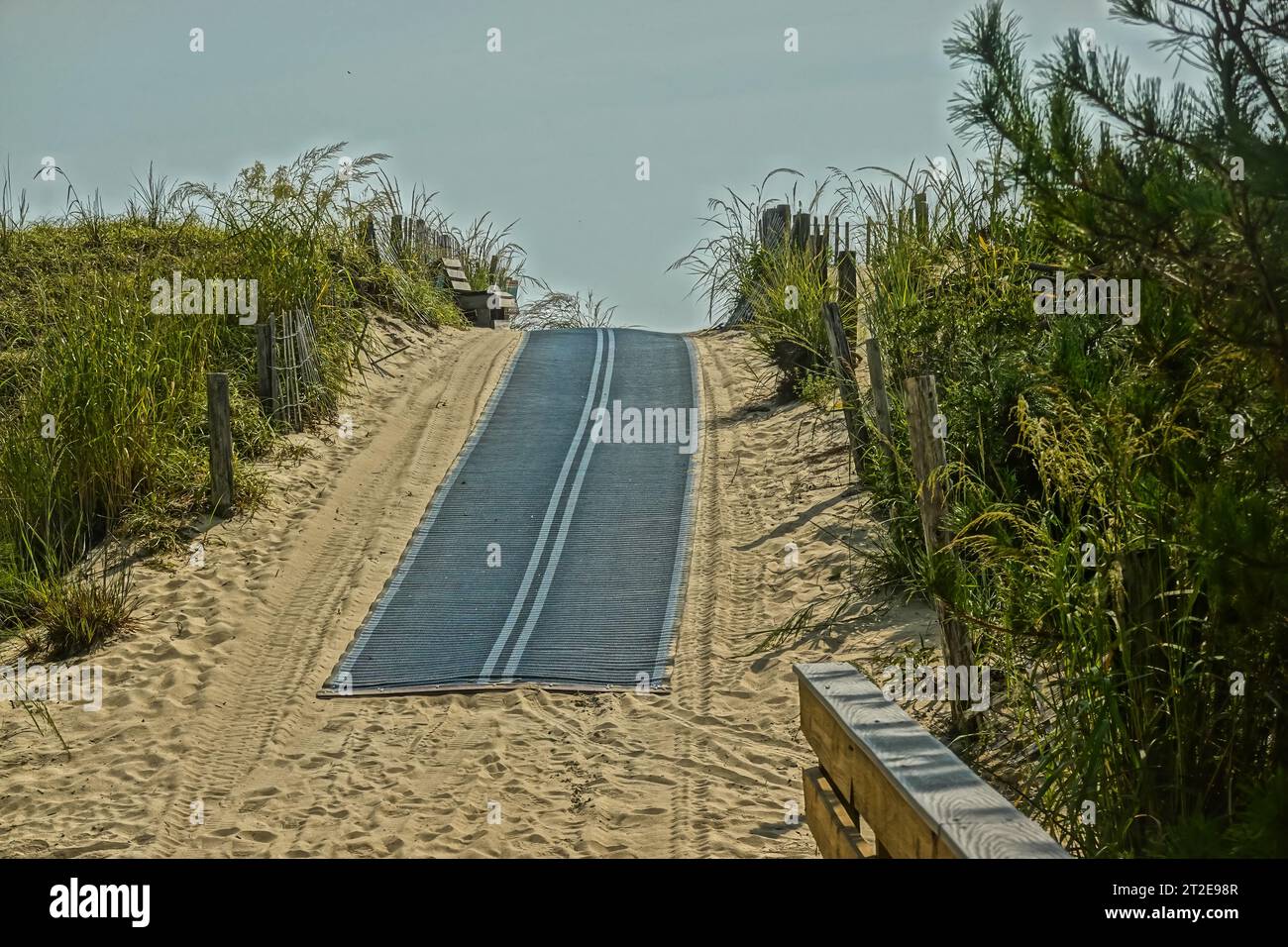 A scenic roadway leading to a peaceful beach, featuring a wooden ...