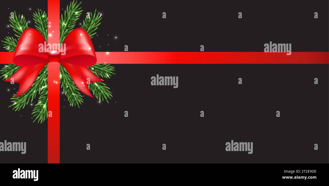 Shiny red satin ribbon with pine on black background. Merry Christmas ...