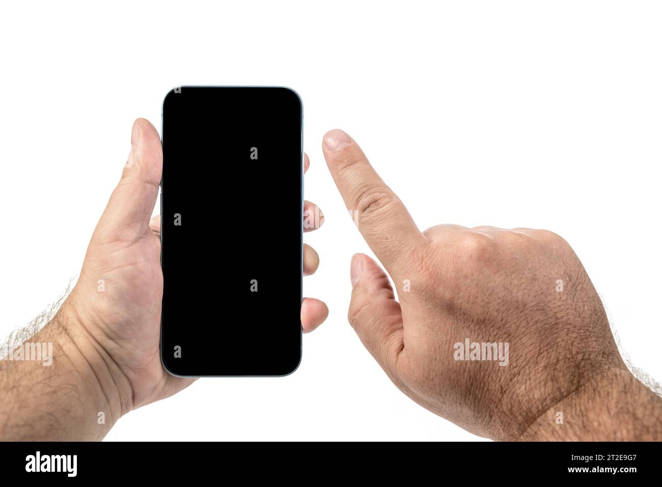 Hand touching phone mobile screen isolated on white, mock up smartphone ...