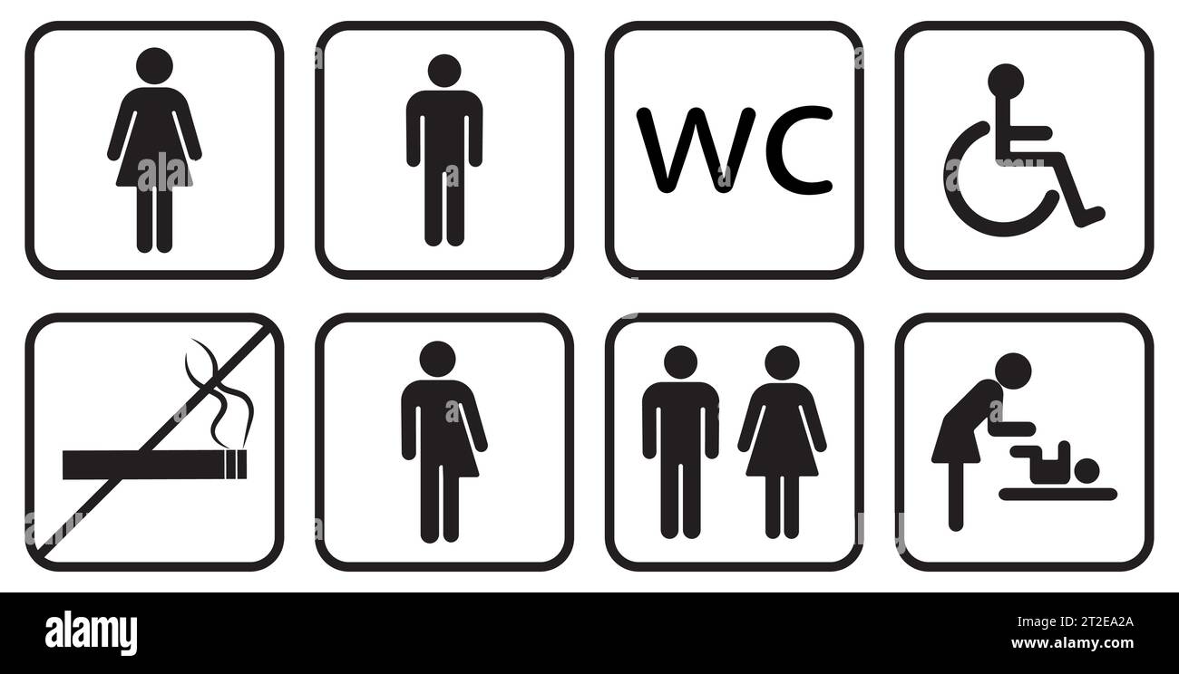 Toilet line icon set on white backgrounds. WC sign. Man, woman, mother ...