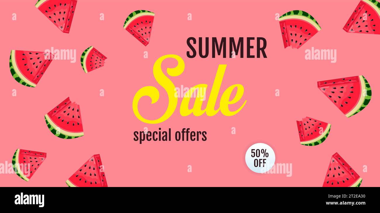 Summer sale poster with slices of watermelon on pink background. Summer ...